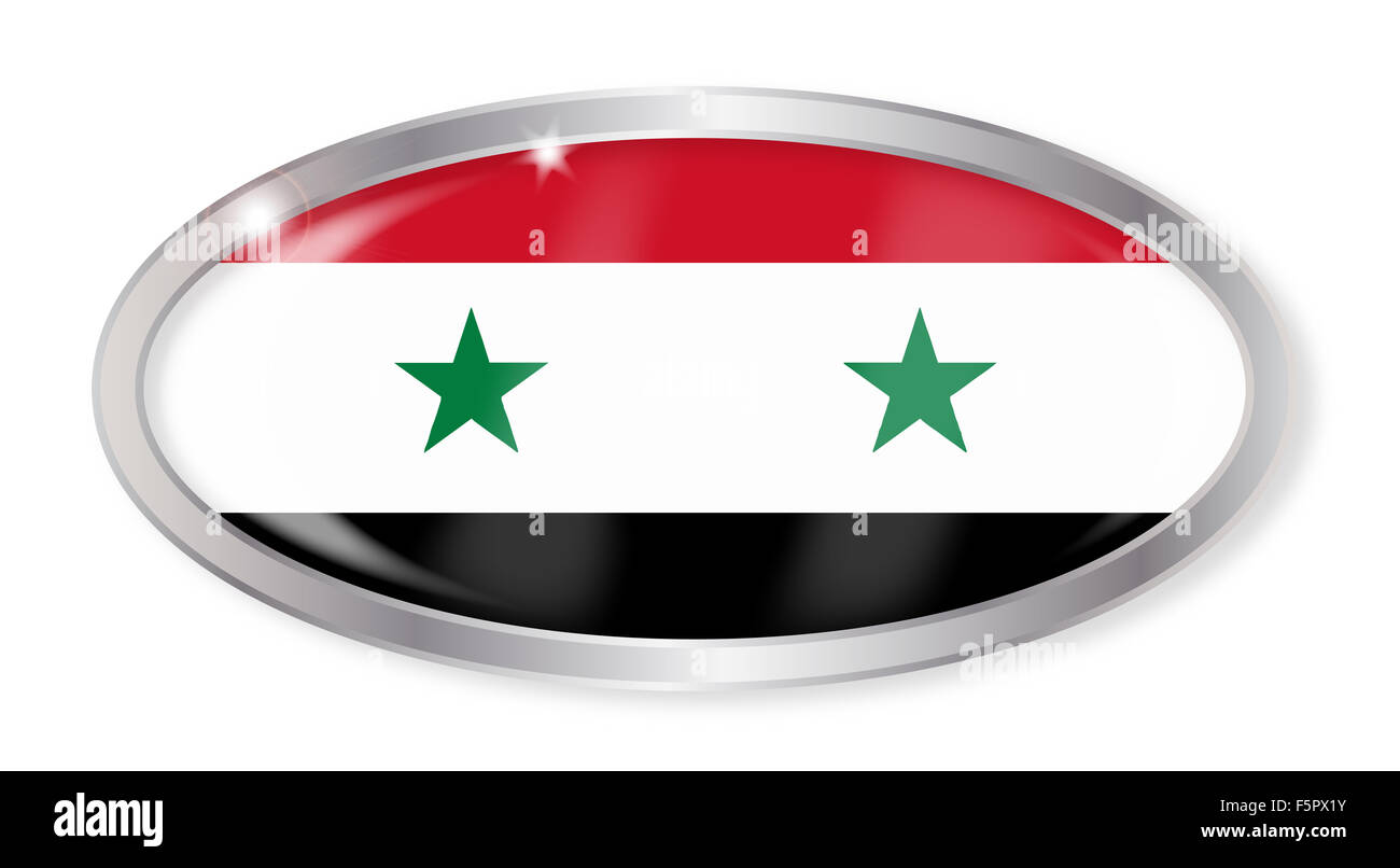 Oval silver button with the Syria flag isolated on a white background ...