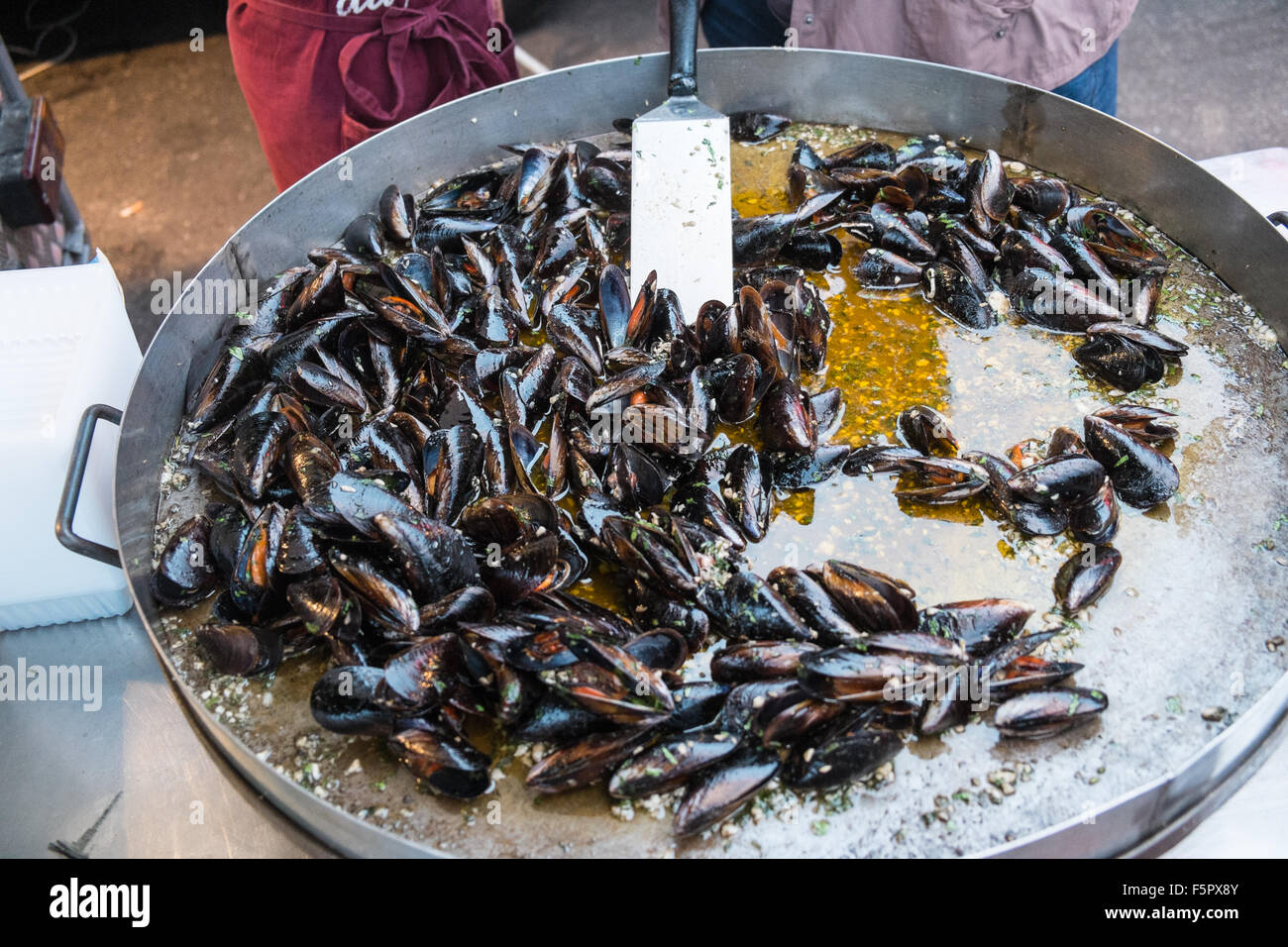 Mussels, being, cooked,French delicacy at stall at Esperaza Night ...