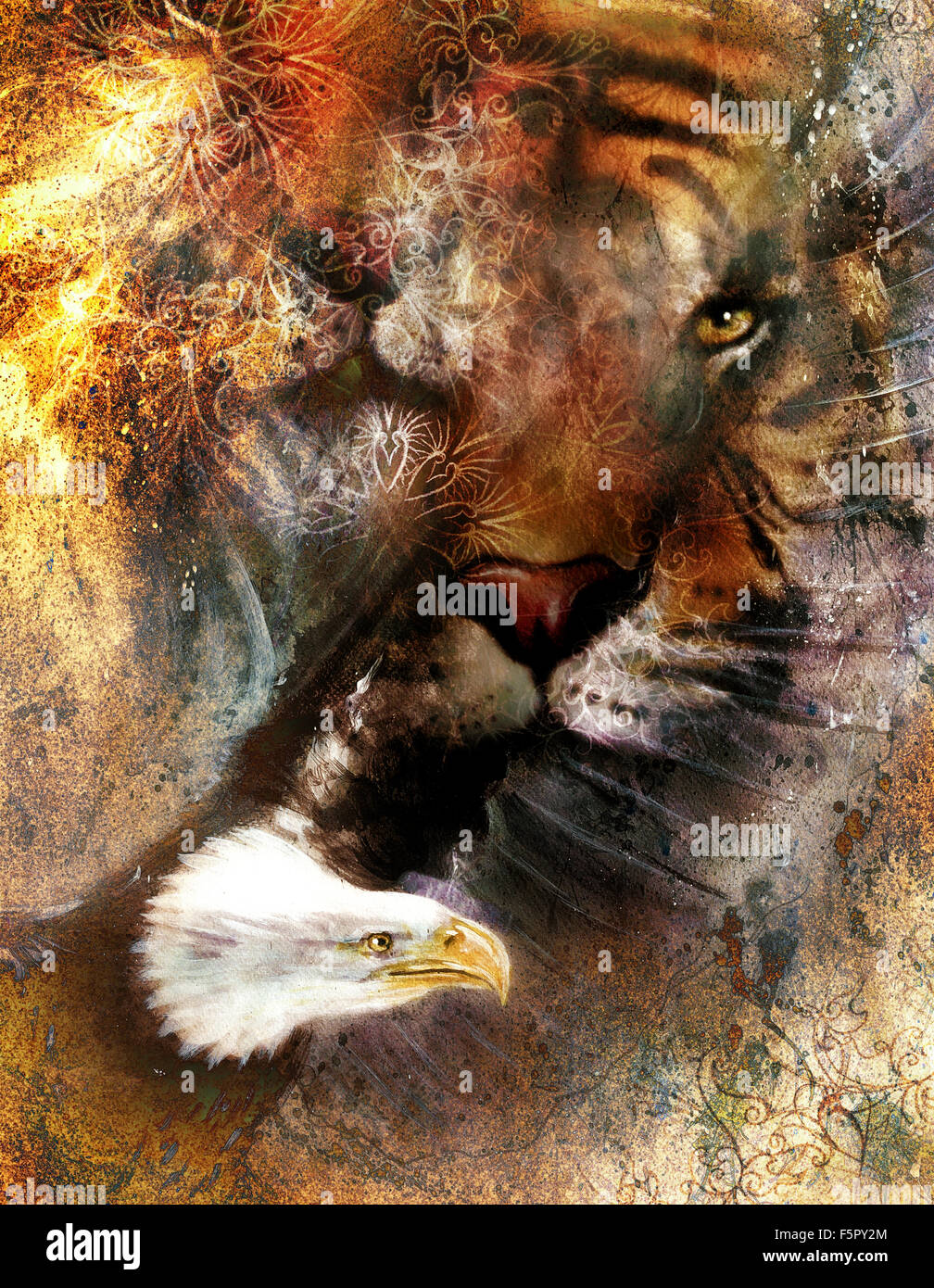 Eagle and tiger collage on color abstract background, rust structure ...