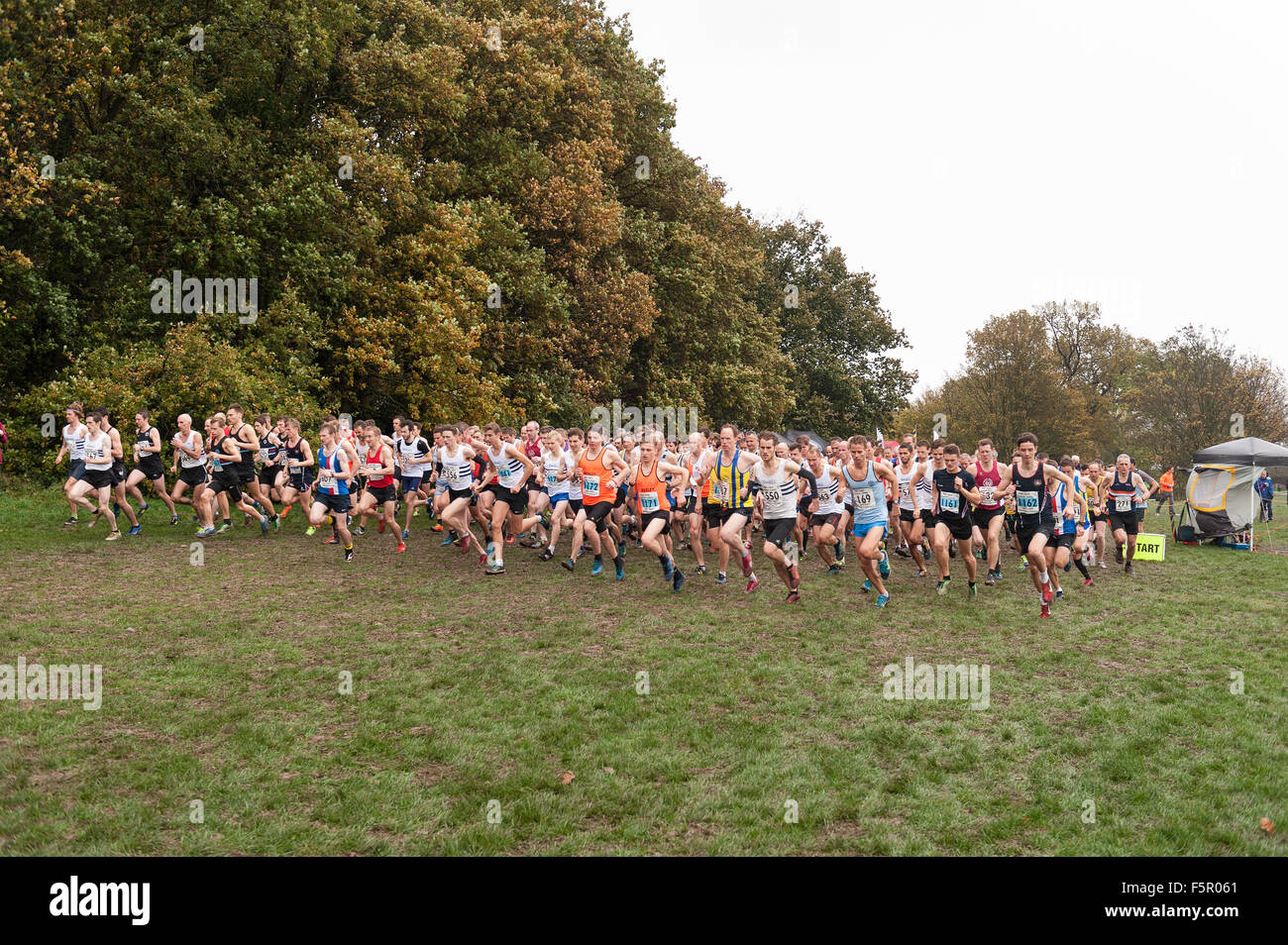 Mass line up of men ready to compete in cross country race on a rainy ...