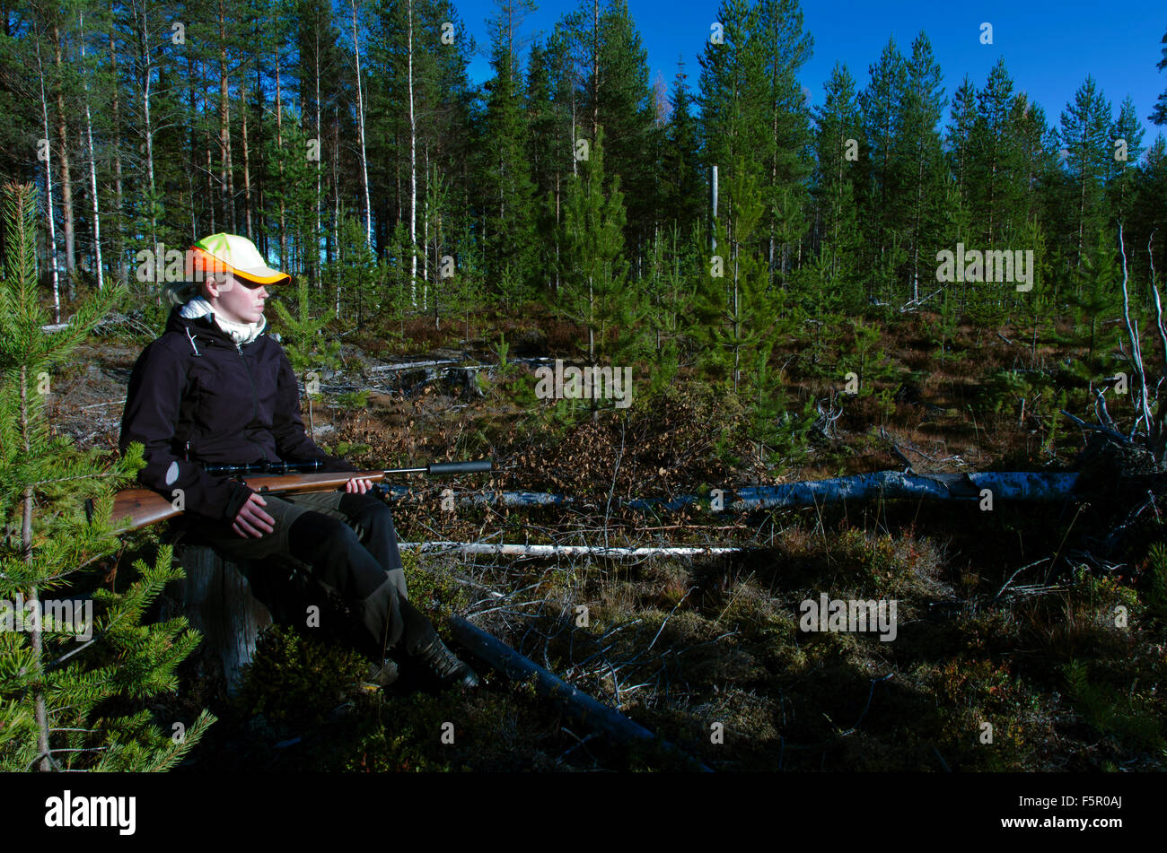 Young female moose hunter sitting in the forest waiting for moose Stock ...