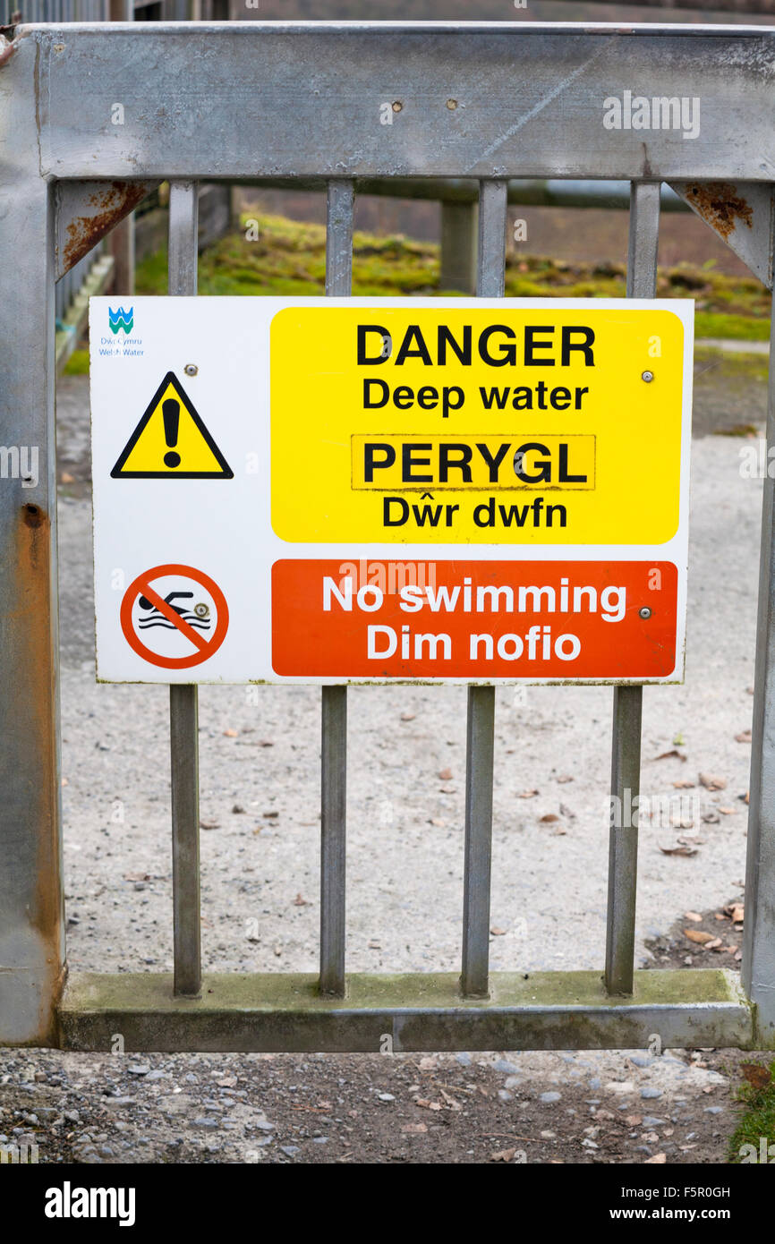 Danger deep water no swimming sign at upper Llyn Brianne Dam reservoir ...