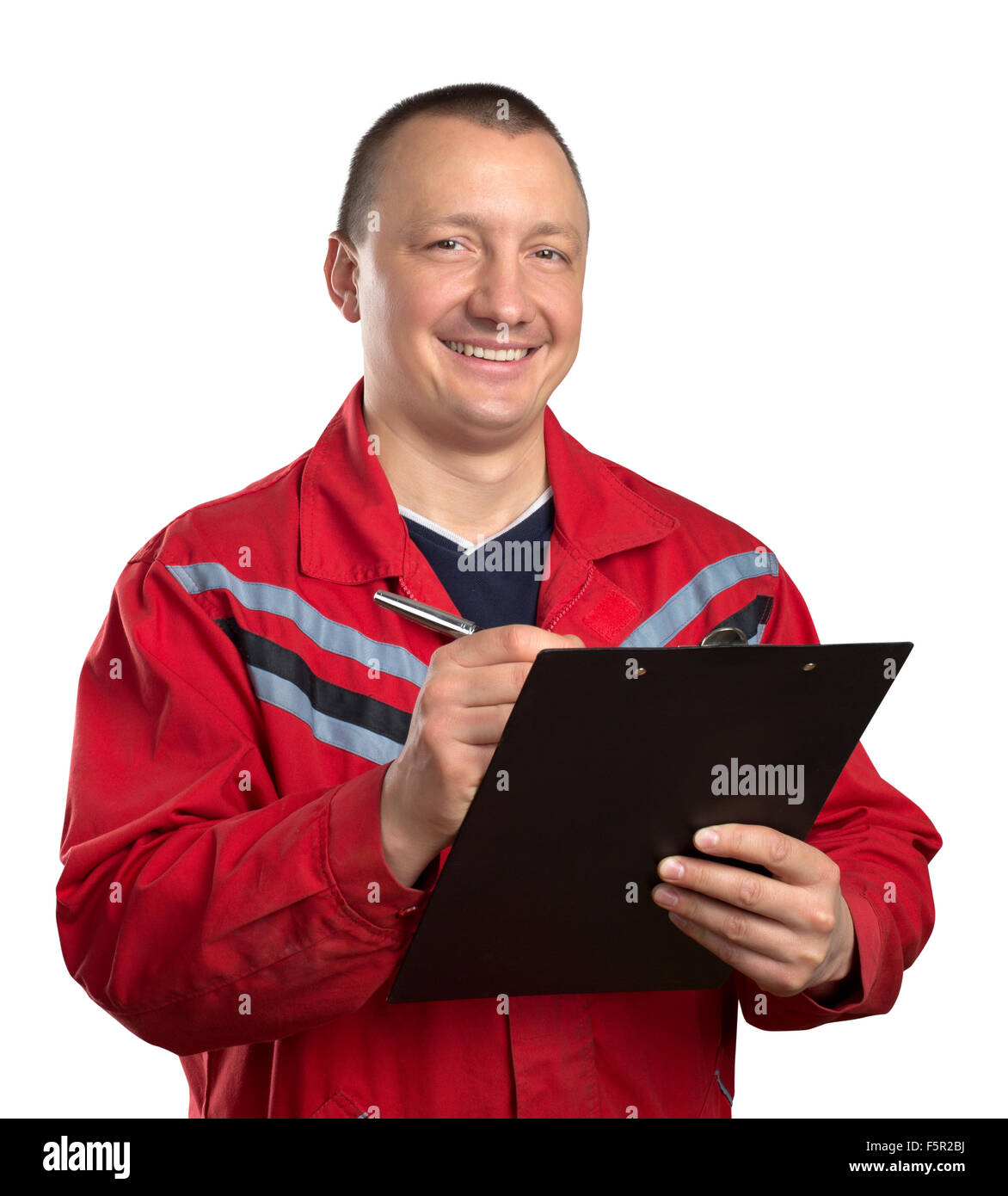 Happy service man with clipboard isolated on white Stock Photo - Alamy