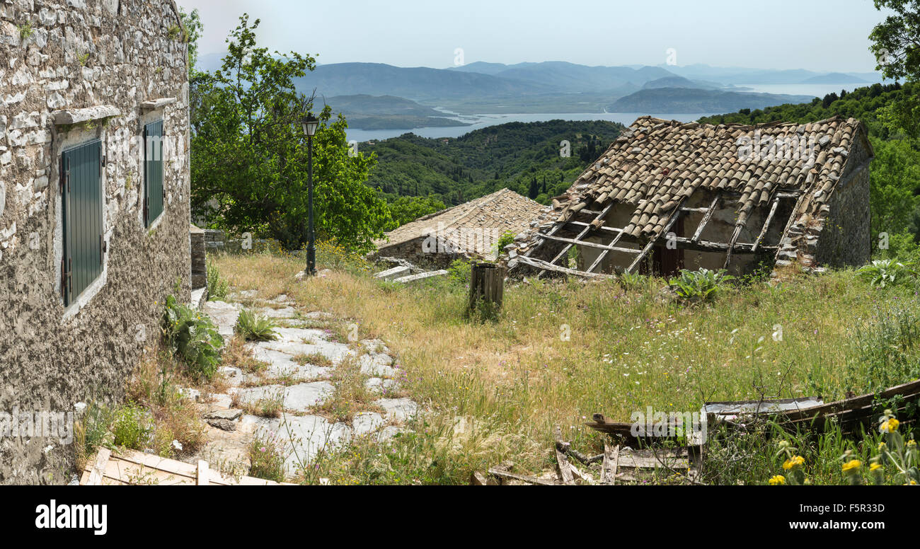 The abandoned and derelict village of Meggoulas, Corfu, Greece, with ...