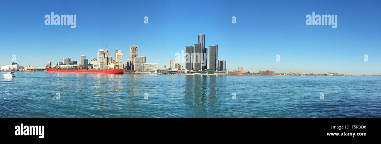 Panorama of the Detroit, Michigan Skyline with freighter in foreground ...