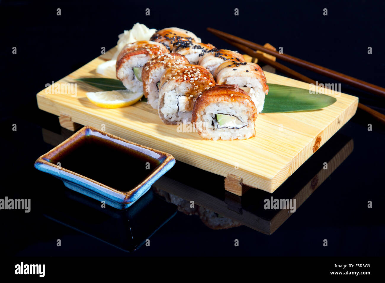 set of Japanese sushi tasty on a wooden tray Stock Photo - Alamy