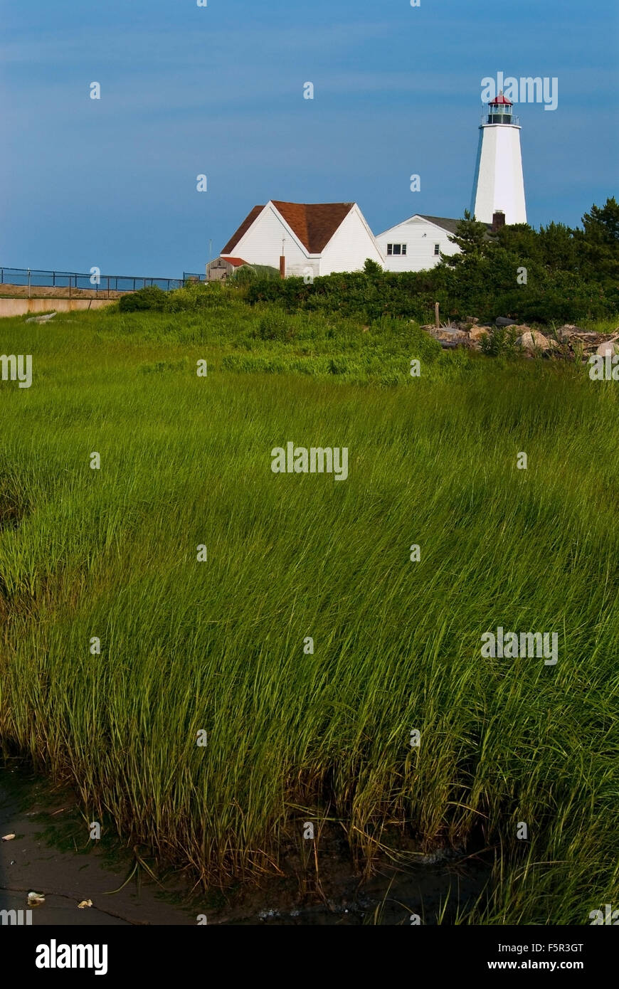 Connecticut lighthouse Lynde Point light sits on grassy marshland at ...