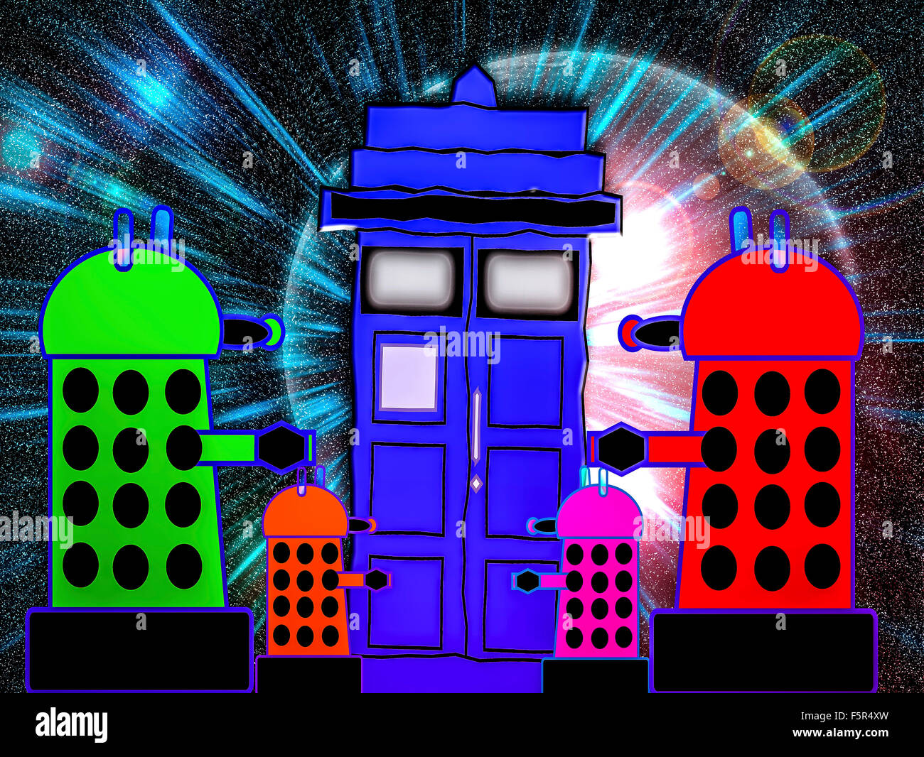 Illustration of a blue police box travelling through space being chased ...