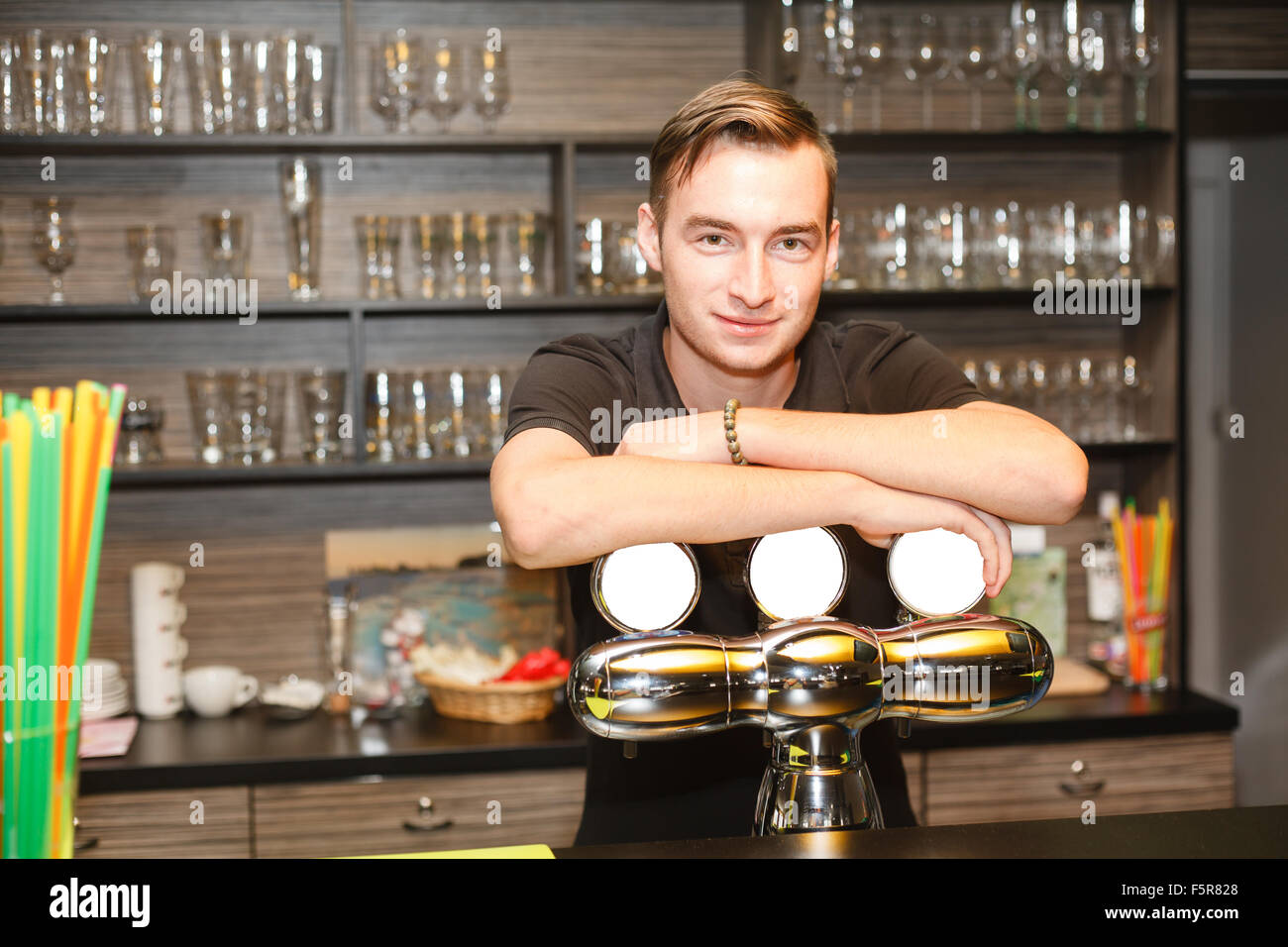 The young barman serving behind the bar (the pumping device Stock Photo ...