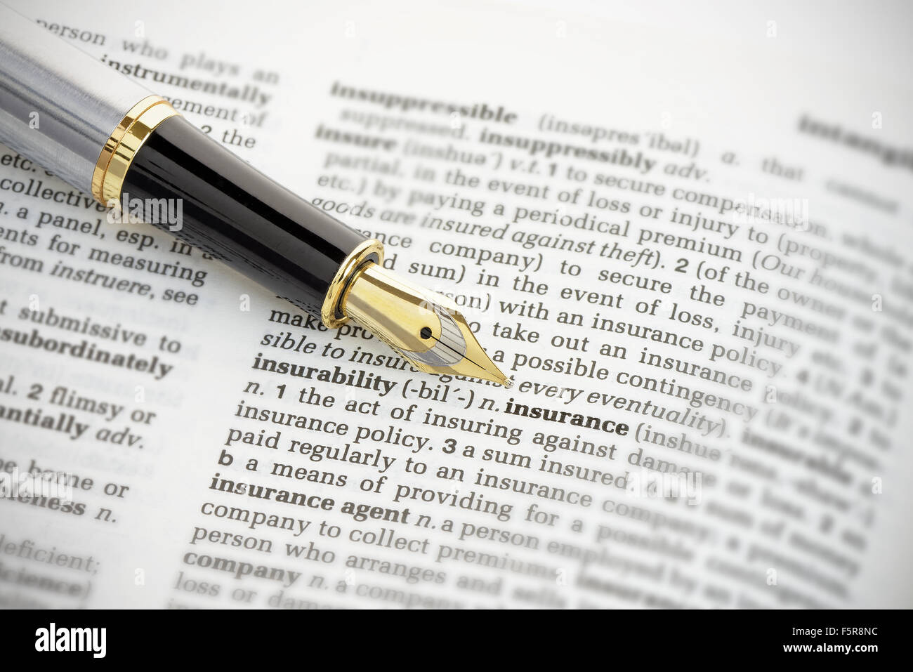 Fountain pen pointing to the word 'insurance' on the page of a generic ...