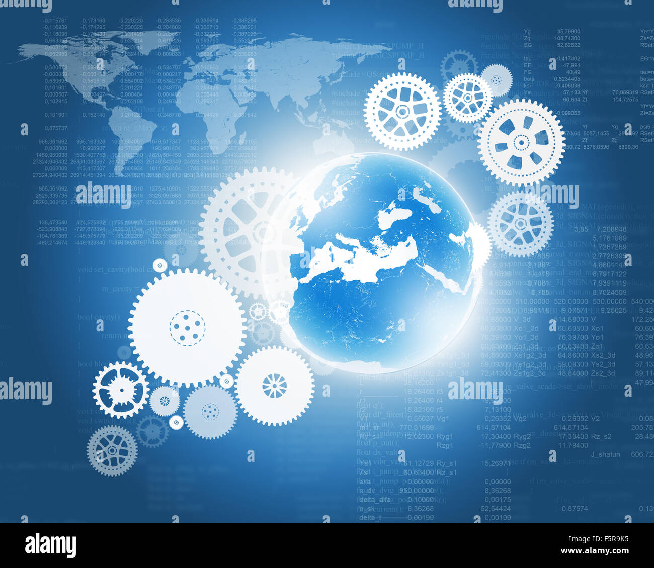 Earth globe with cogs and matrix Stock Photo - Alamy