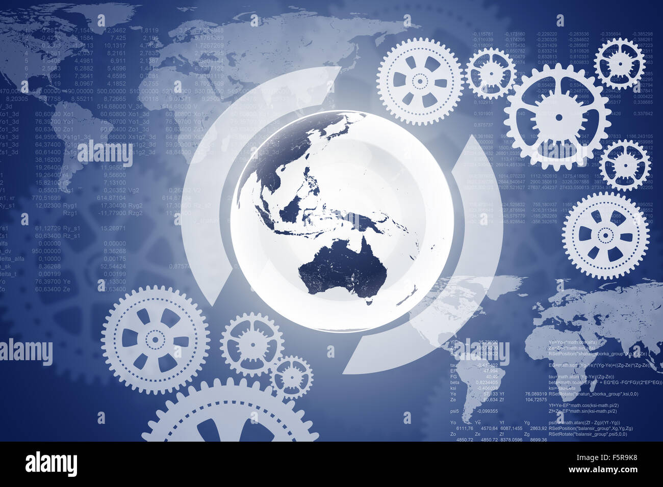 Earth globe with gears and numbers Stock Photo - Alamy