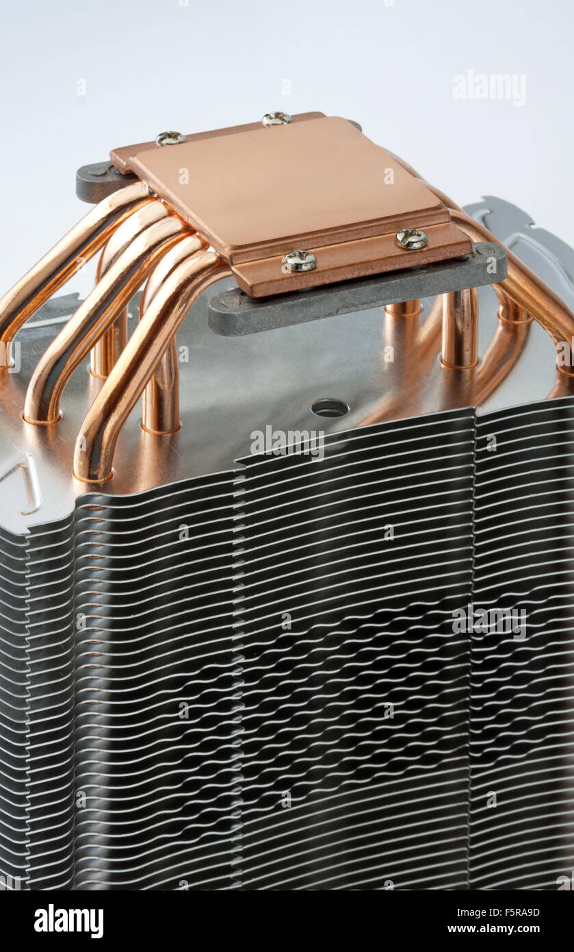 Close-up of modern computer processor cooler with copper pipes Stock ...