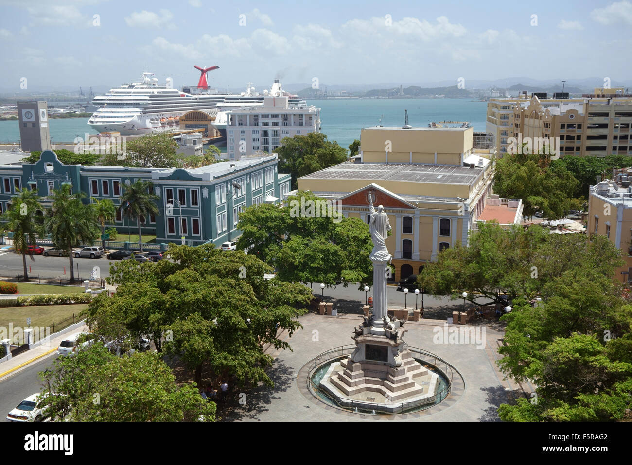 Statue of Columbus on Plaza de Colon and cruise ship terminal, Old San ...
