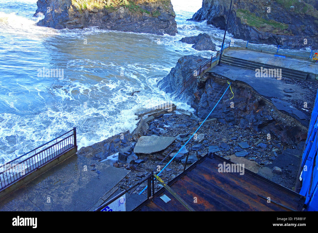 damage done at Towan Beach in Newquay, Cornwall, UK during a storm ...