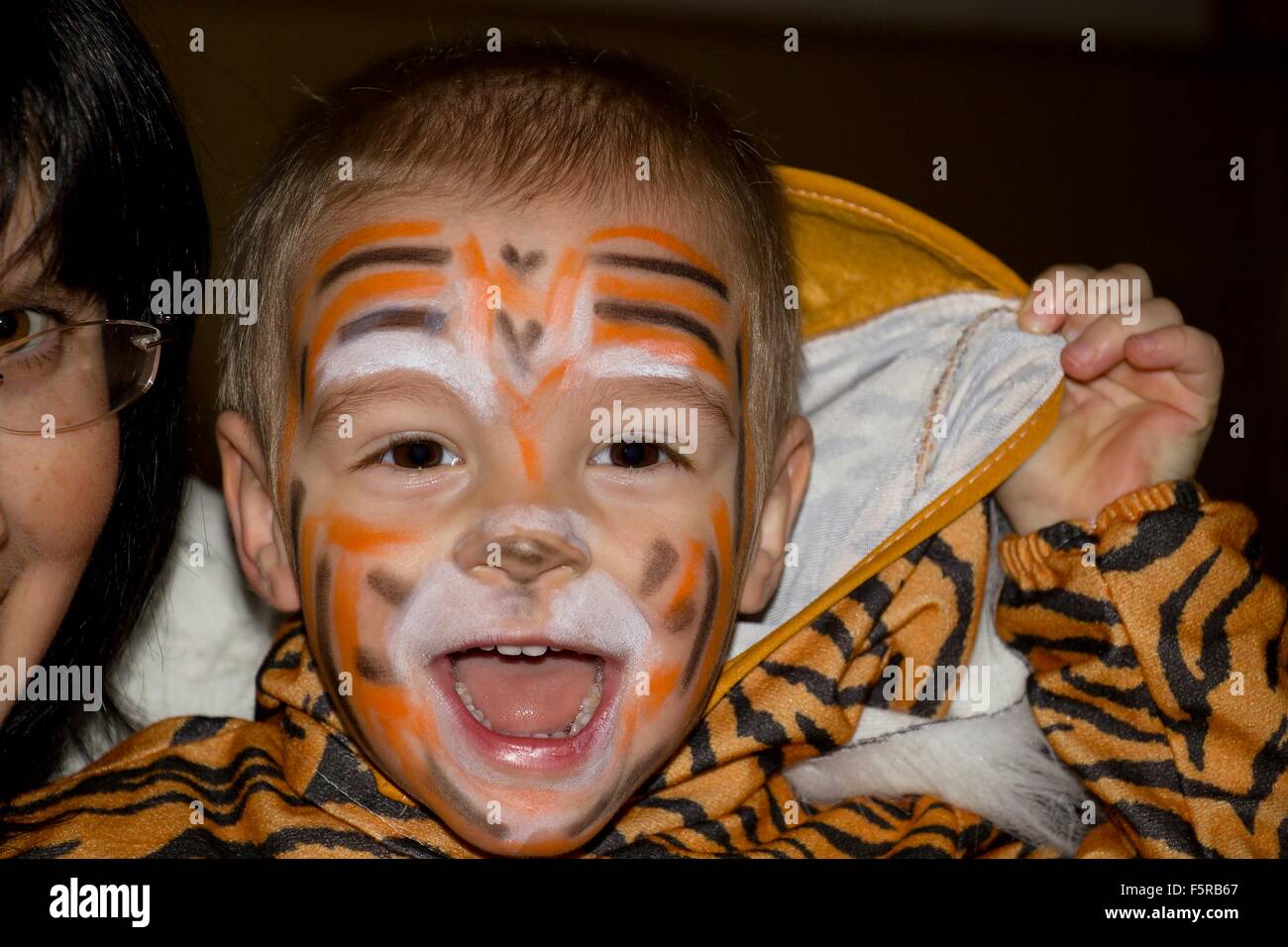 Young boy in a tiger costume. Photo taken on: February 28st, 2015 Stock ...