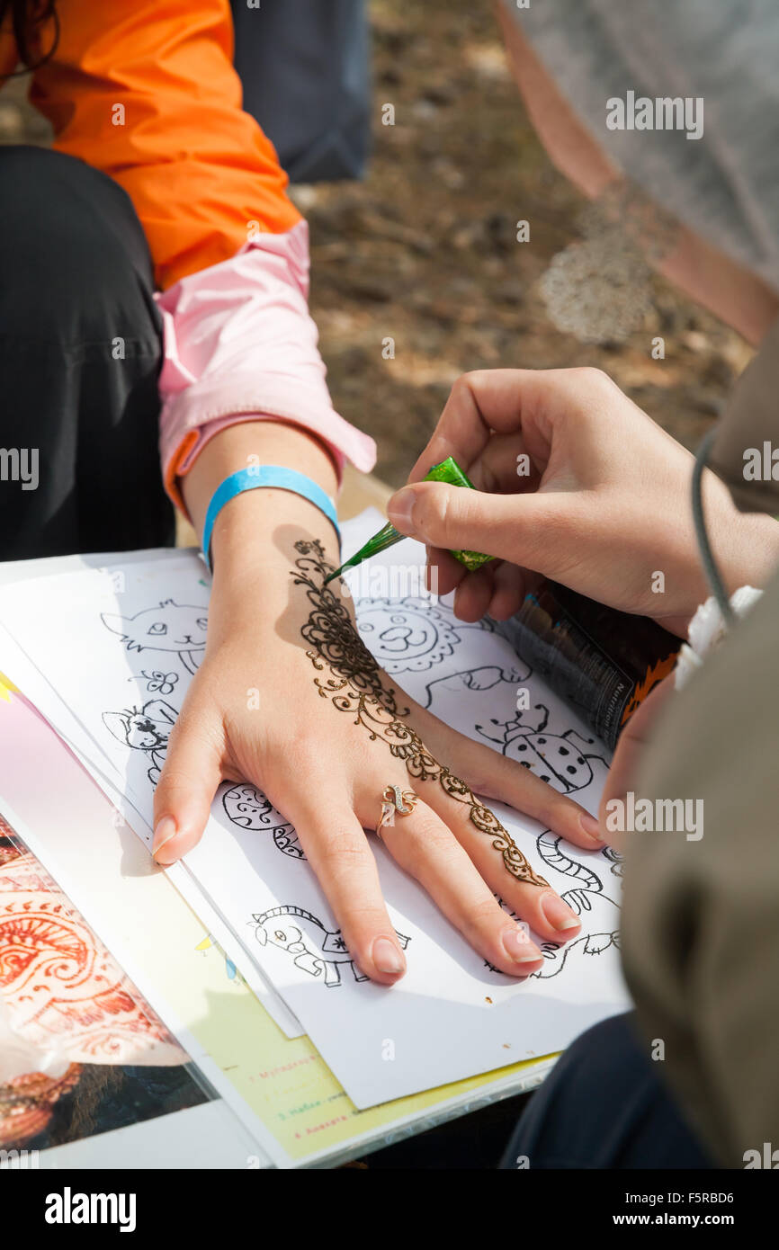 Saint-Petersburg, Russia - July 19, 2015: Brown henna paste or mehndi ...