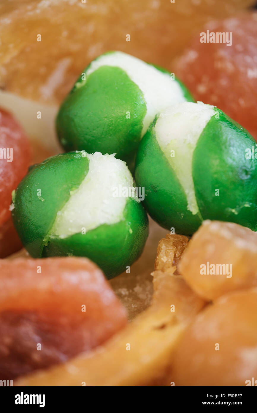 Candied limes with coconut filling in the candy market of Morelia ...