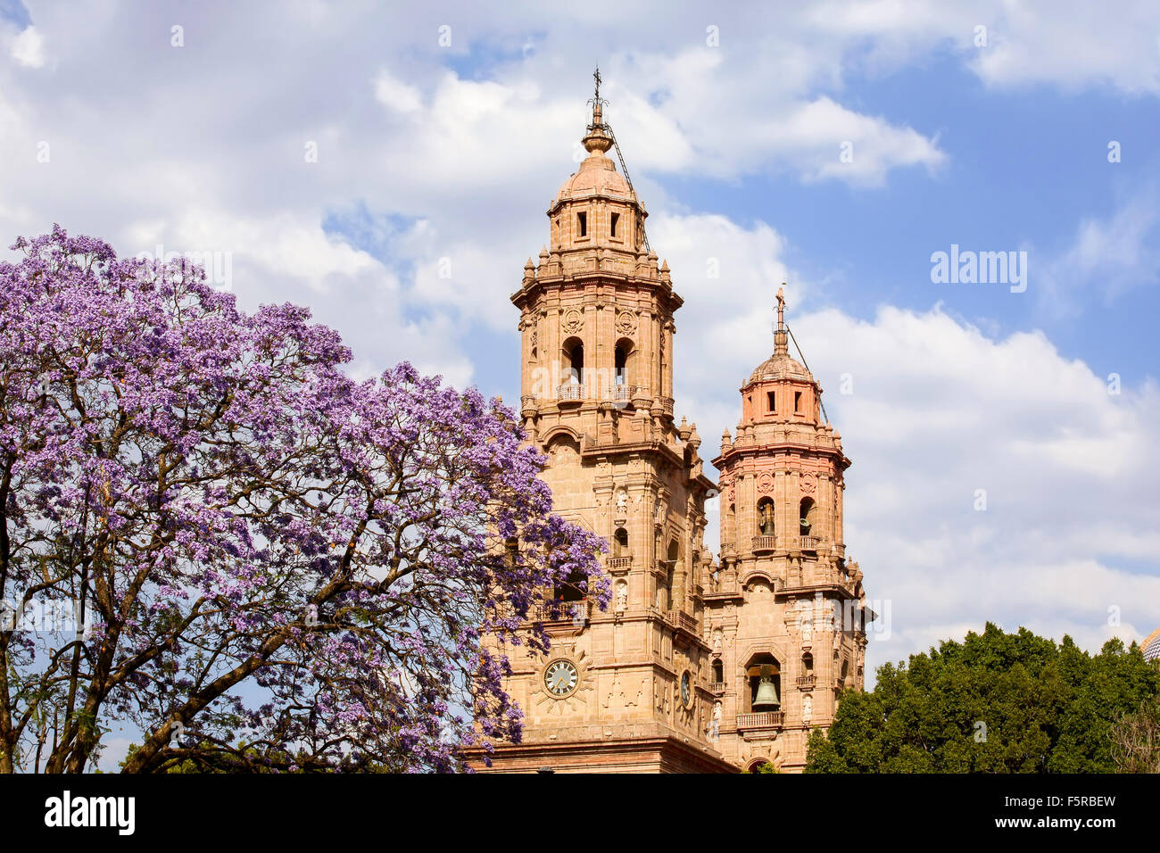 Springtime view of the cathedral of Morelia, Michoacan, Mexico Stock ...