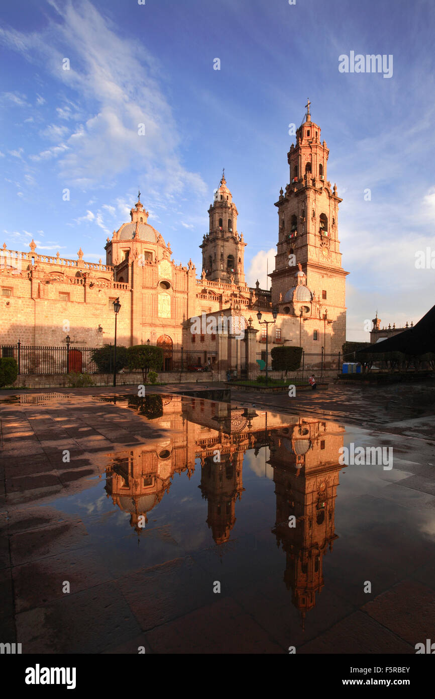 The cathedral of Morelia, Michoacan, one of Mexico's largest, reflected ...