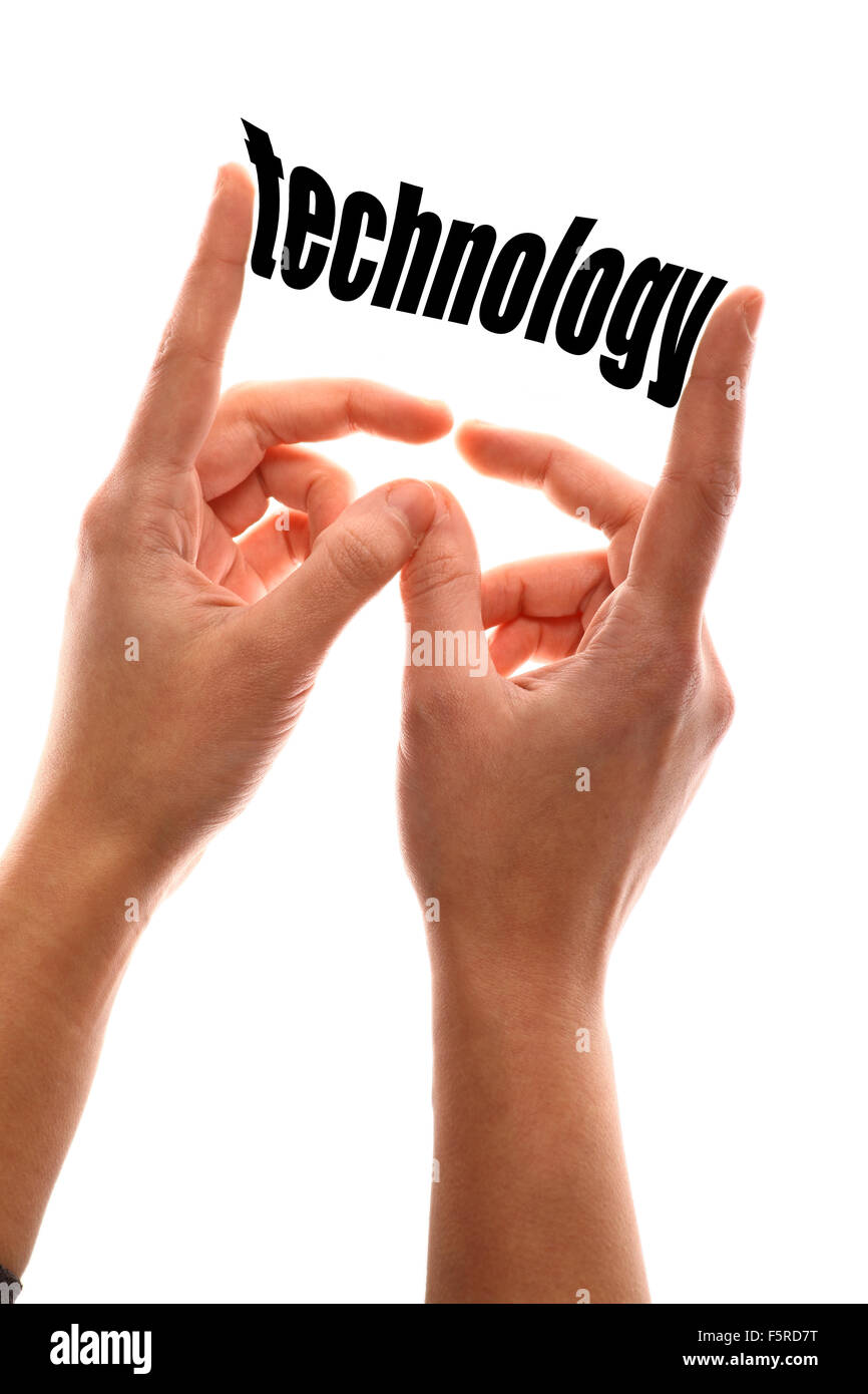 Color vertical shot of a of a hand squeezing the word "technology Stock ...