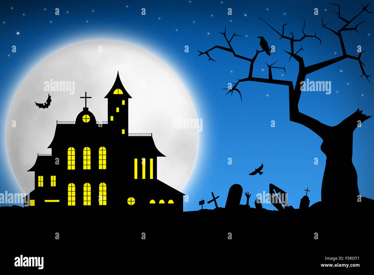 Spooky Halloween night. Tree on cemetery and haunted house against big ...