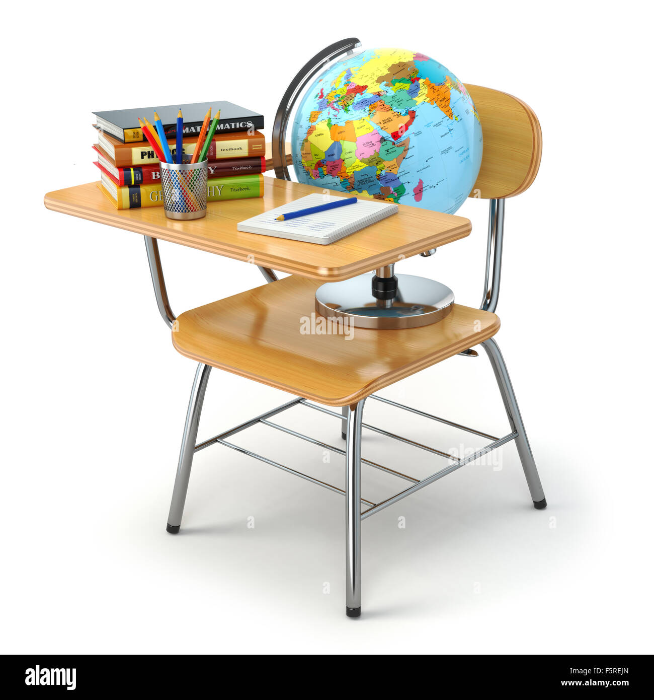 Wooden school desk and chair with books, pencils and globe isolated on ...