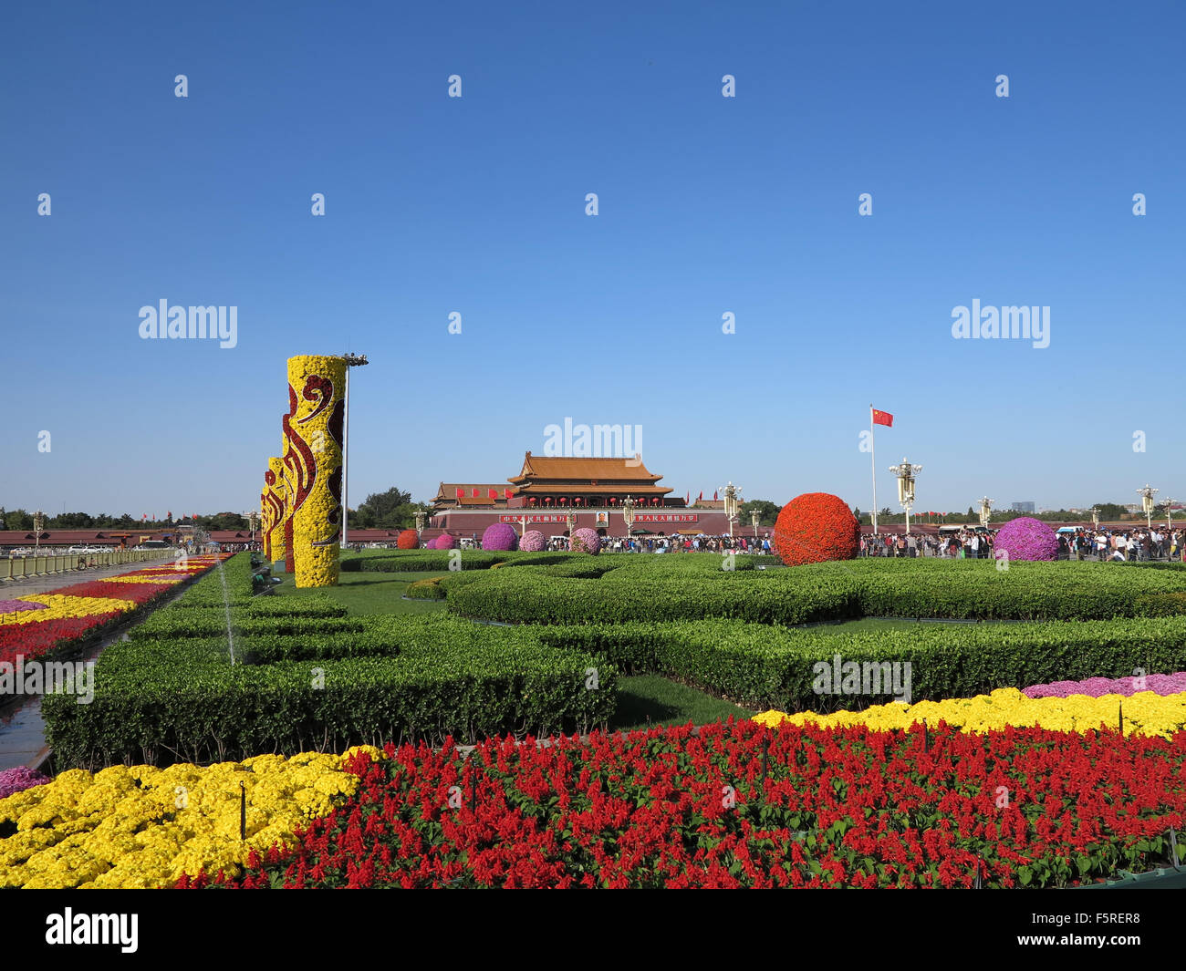 Tiananmen square on the National day of China with flower decorations ...