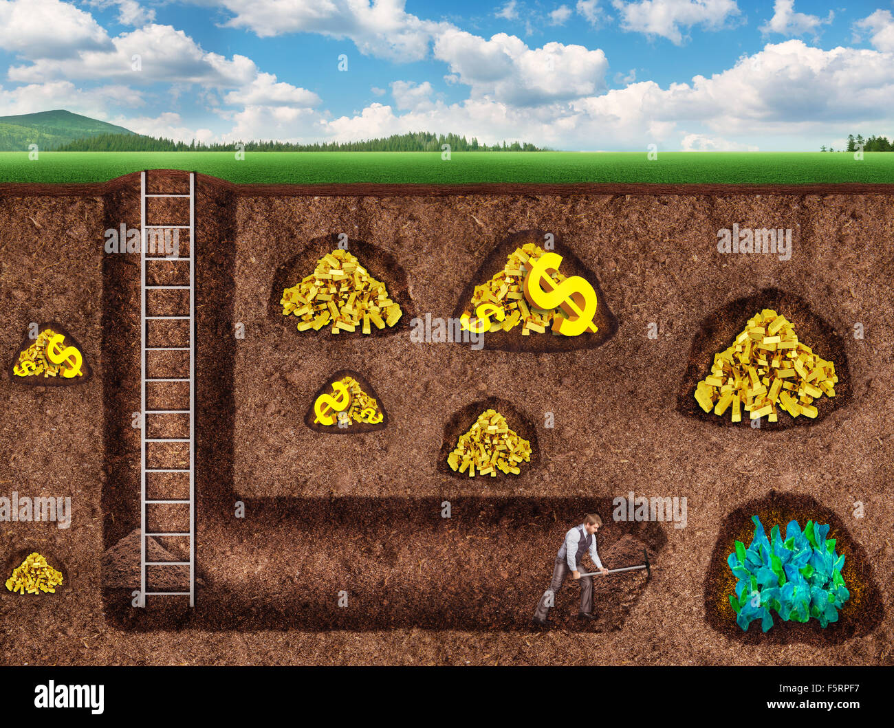 Businessman digs a tunnel to get precious stones underground Stock ...