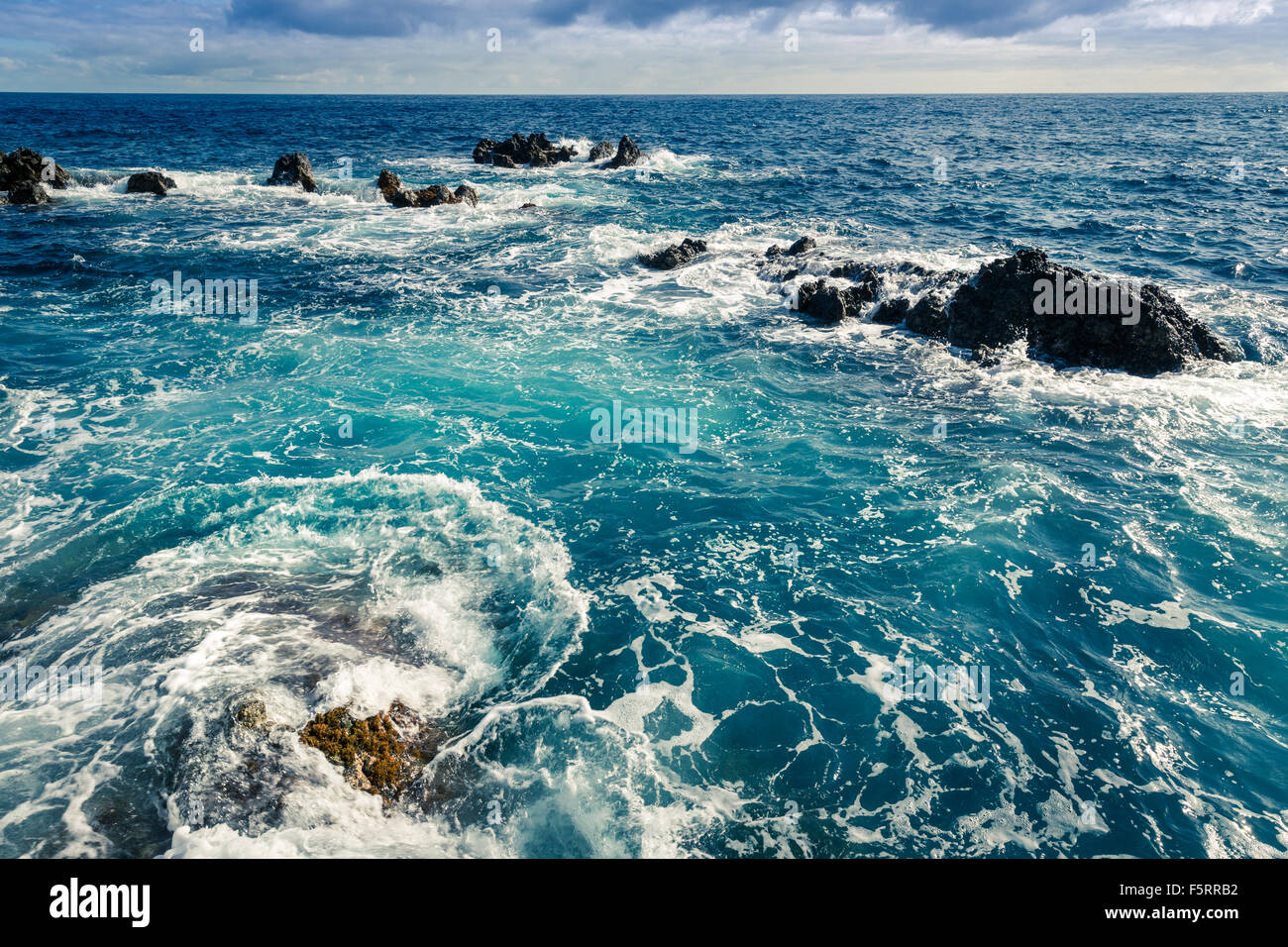 Rough ocean with waves and rocks landscape, Portugal, Madeira Stock ...