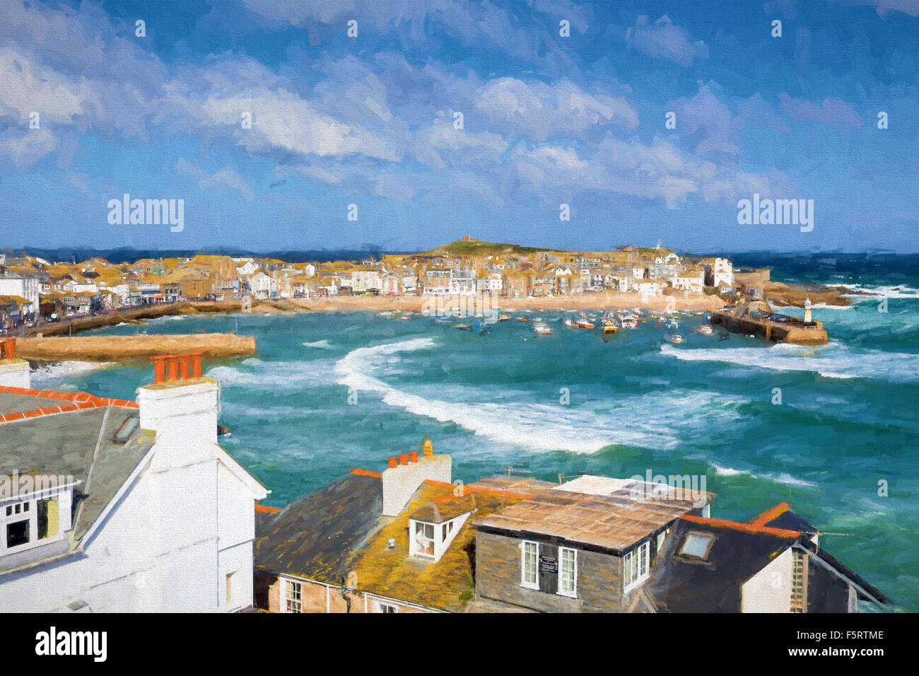 St Ives Cornwall England cornish harbour blue sea and sky traditional ...