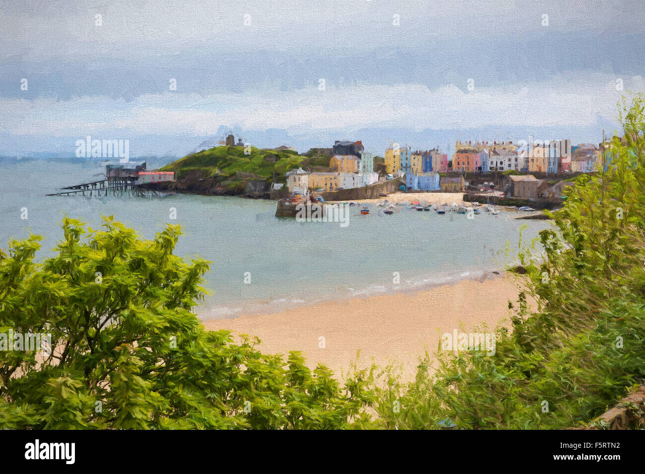 Tenby South wales UK beach and town illustration like oil painting ...