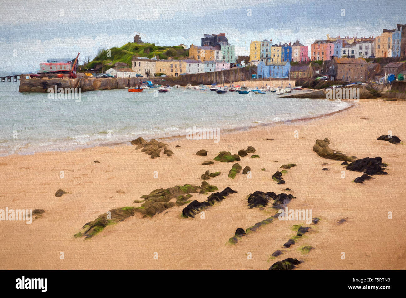 Tenby beach and town Pembrokeshire Wales uk illustration like oil ...