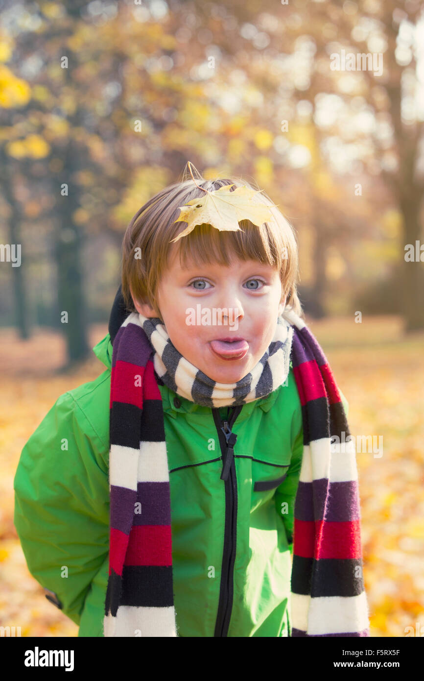 portrait of a boy in park in the fall with a leaf on his head and ...