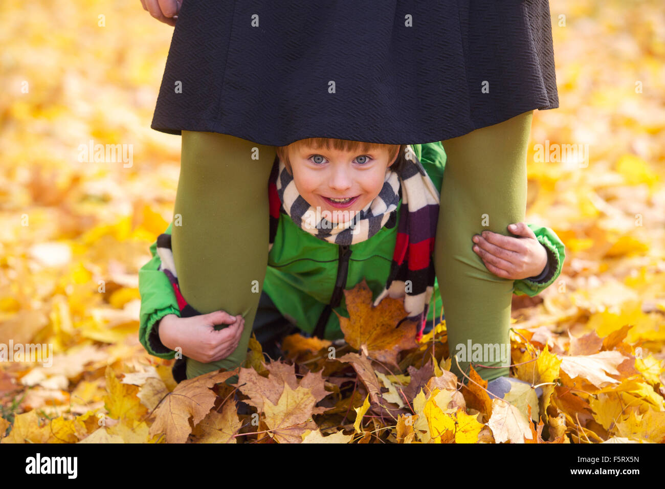 boy hiding beneath mother's legs in park in the fall Stock Photo - Alamy