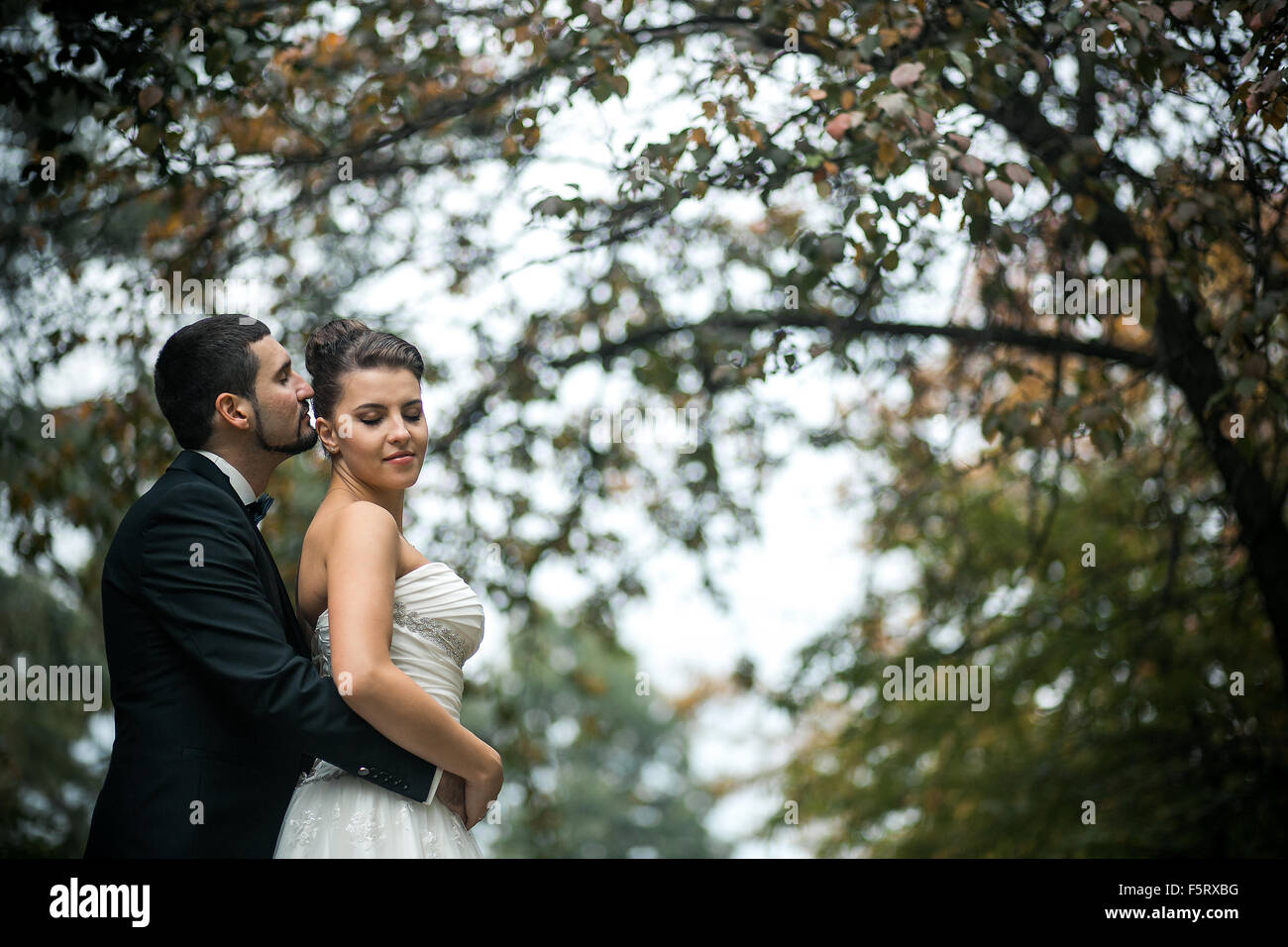 groom embracing bride from back Stock Photo - Alamy