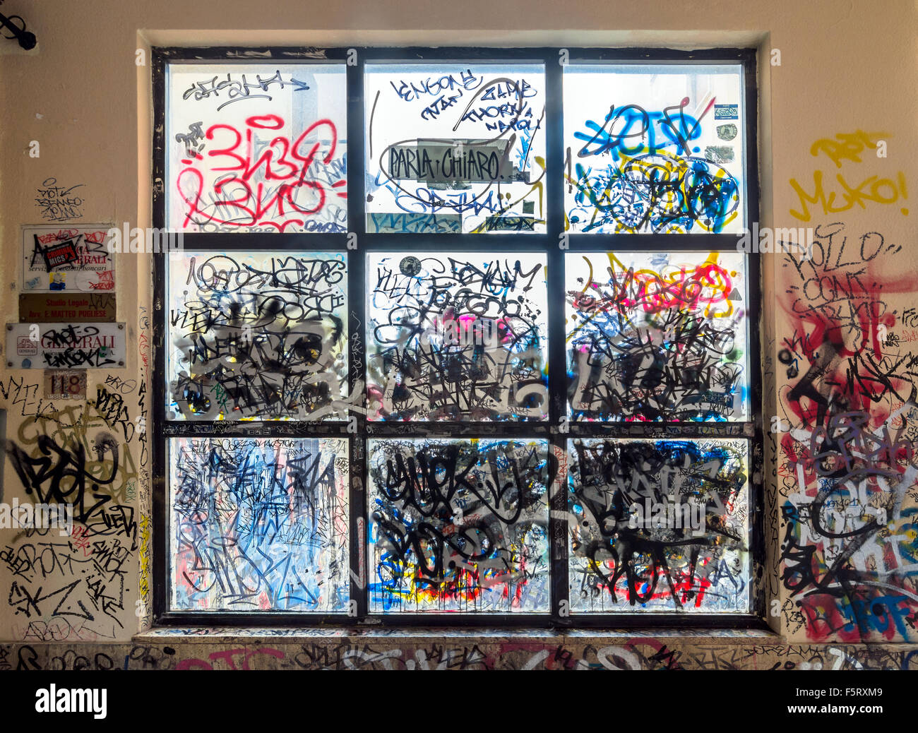 vandalized urban wall with tags and graffiti in Potenza, Italy Stock ...