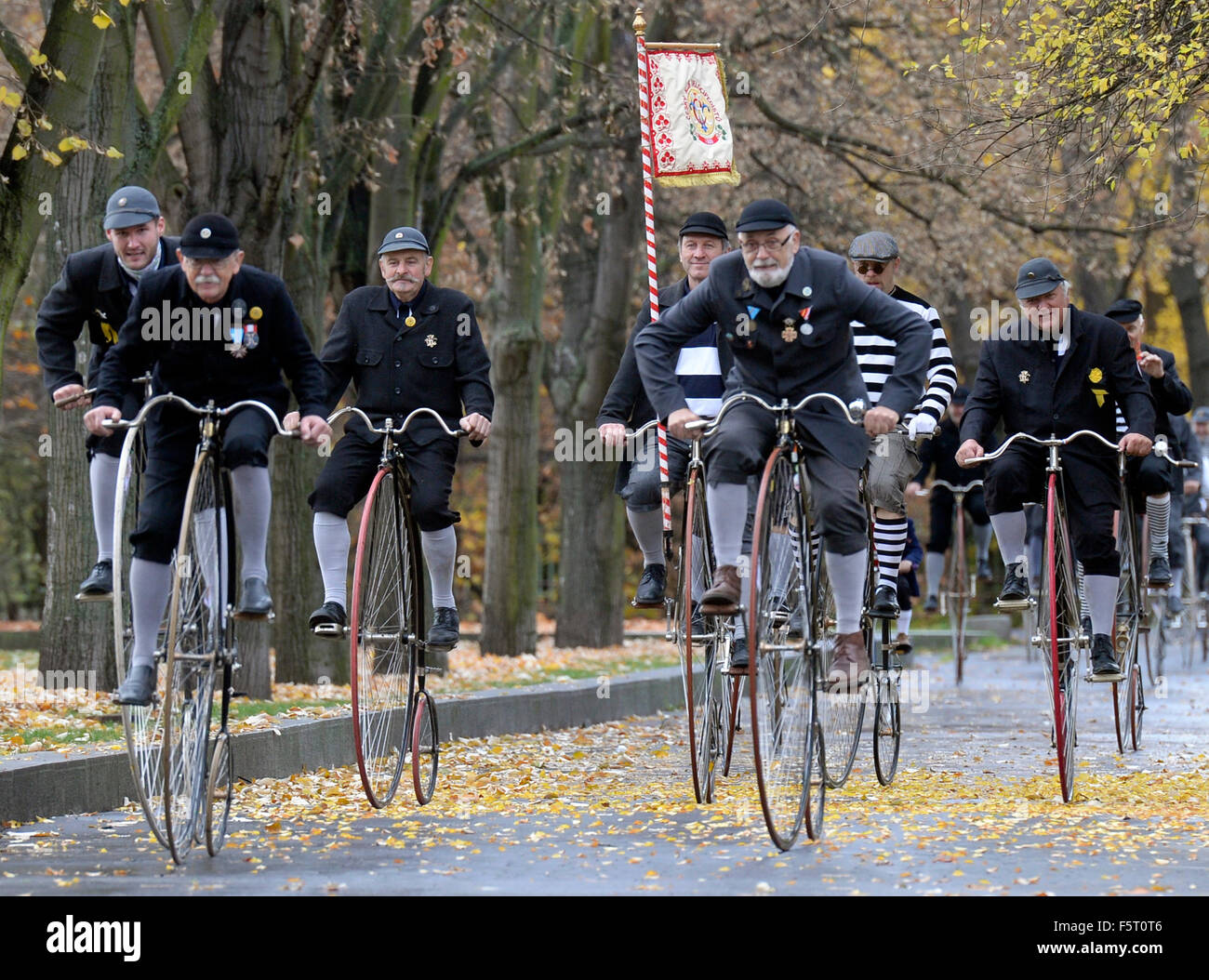 Prague, Czech Republic. 07th Nov, 2015. Velocipedists, men on historic ...