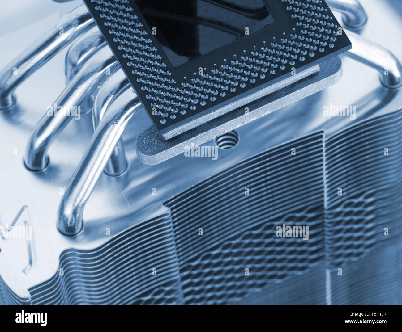 Close-up of modern computer processor with big cooler. Toned in blue ...