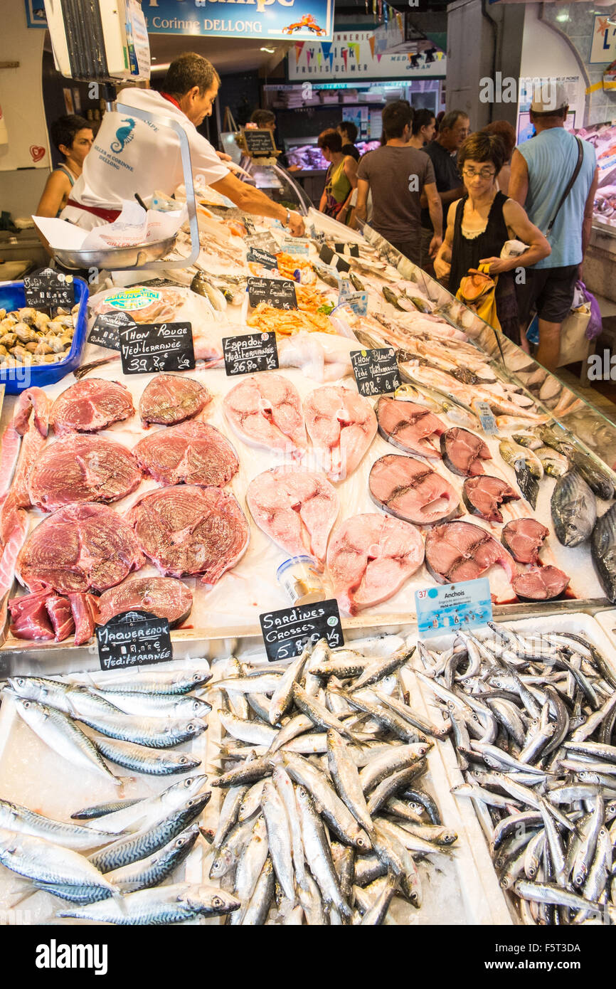 Fish stall at indoor market at Narbonne,Aude,South,France,Market,canal ...