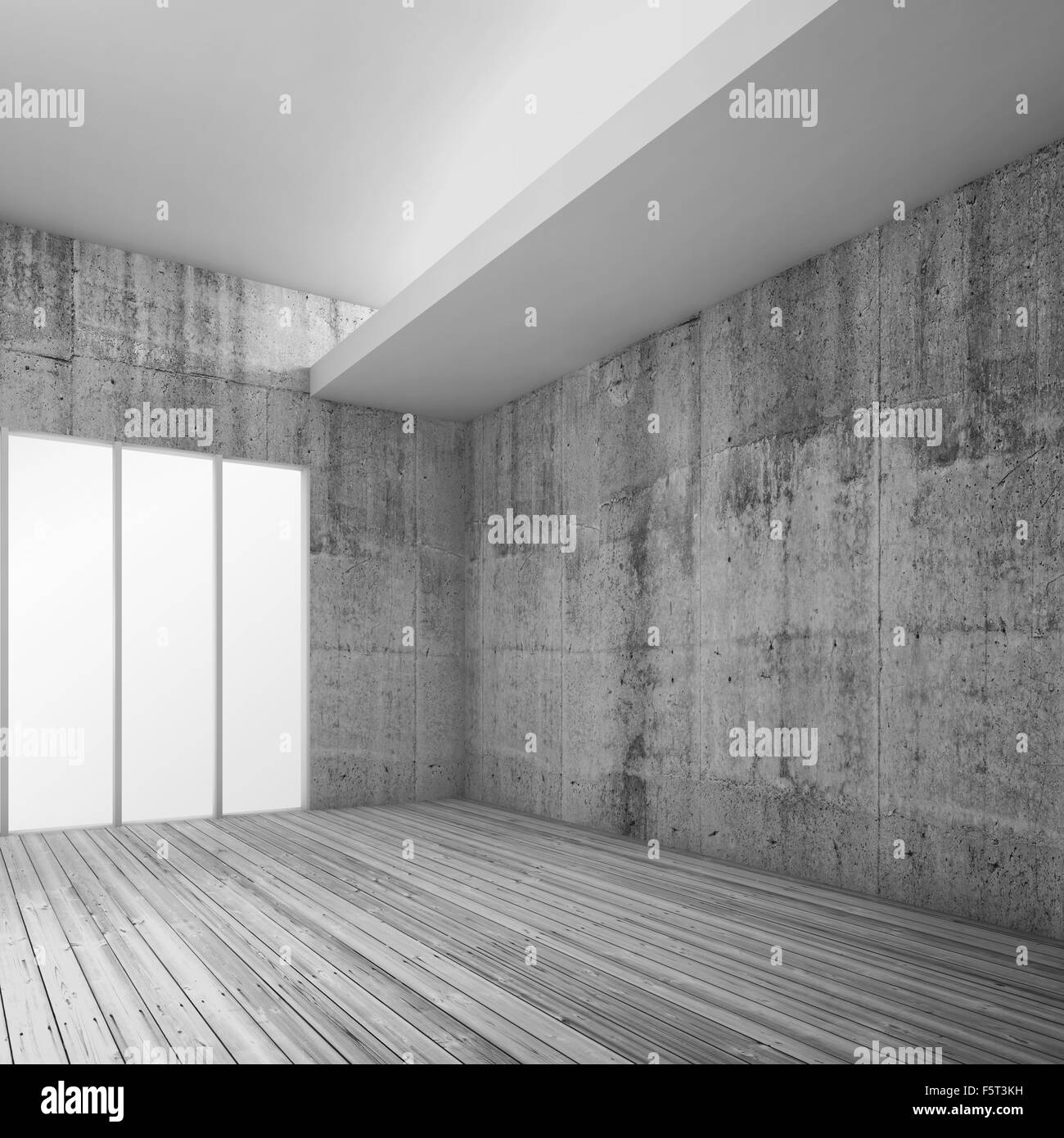 Empty white interior background with wooden floor, concrete walls and ...