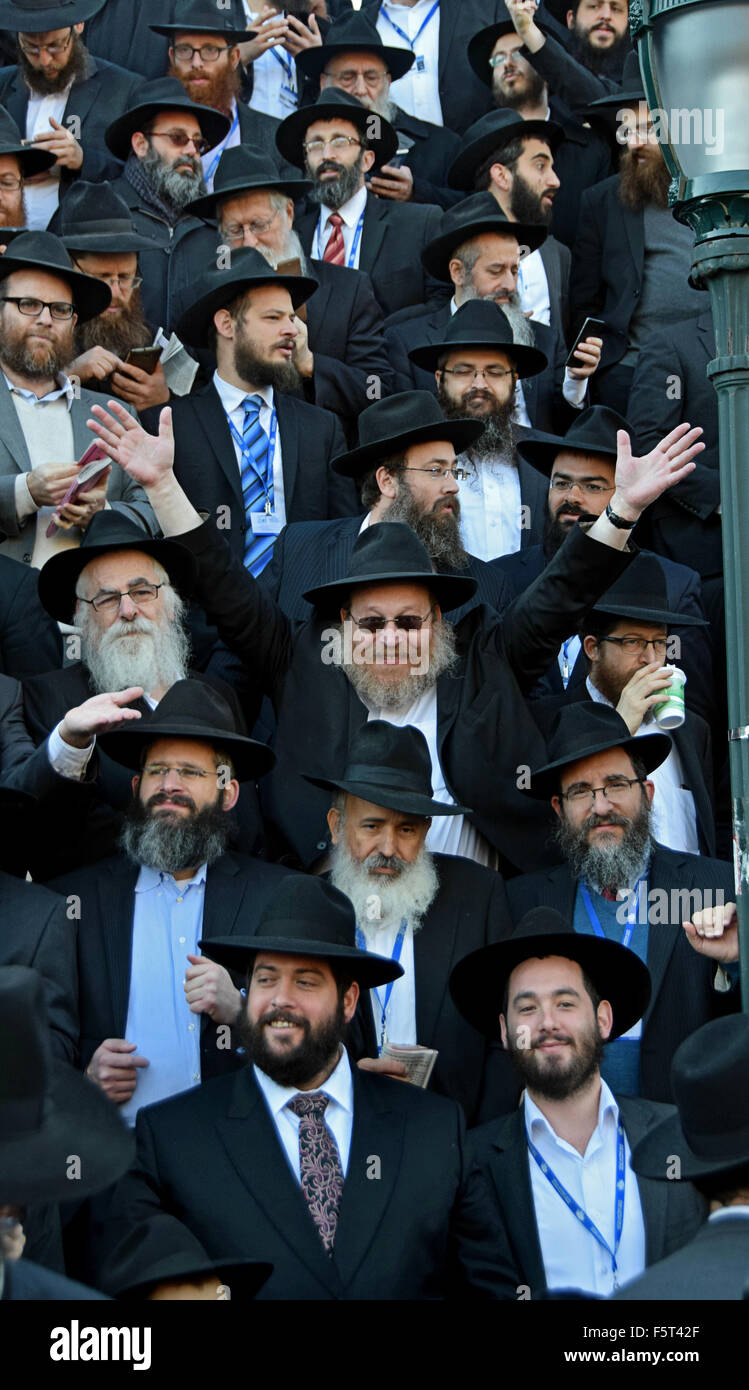 A large group of religious Jewish rabbis pose for a photo at the annual ...
