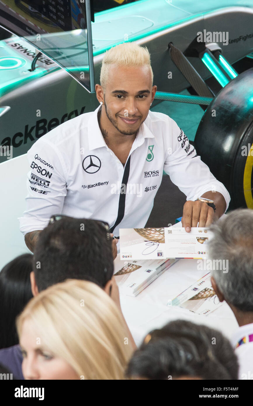 Lewis Hamilton makes an appearance at the Malaysia Pavilion during ...