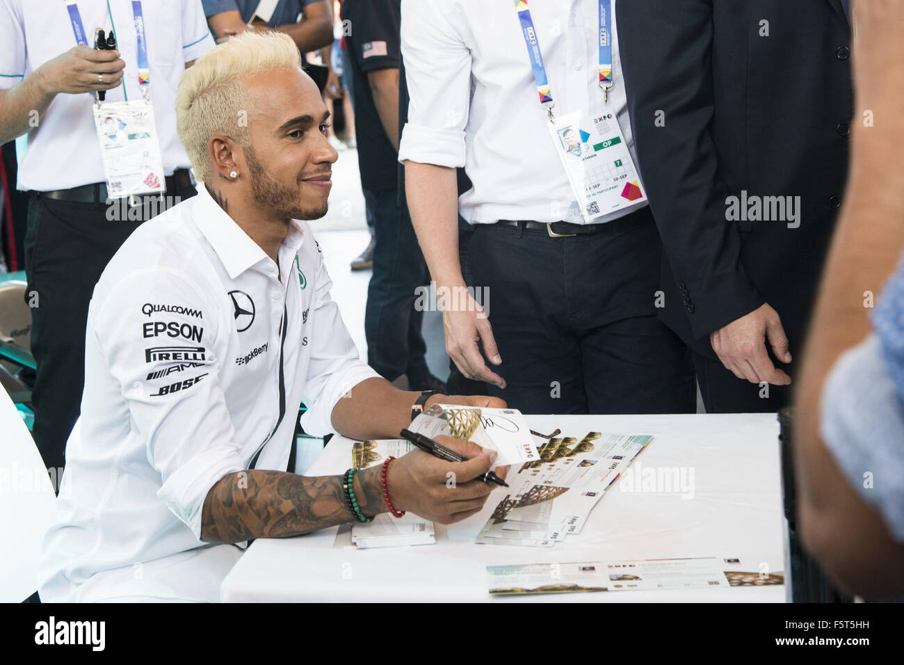 Lewis Hamilton makes an appearance at the Malaysia Pavilion during ...