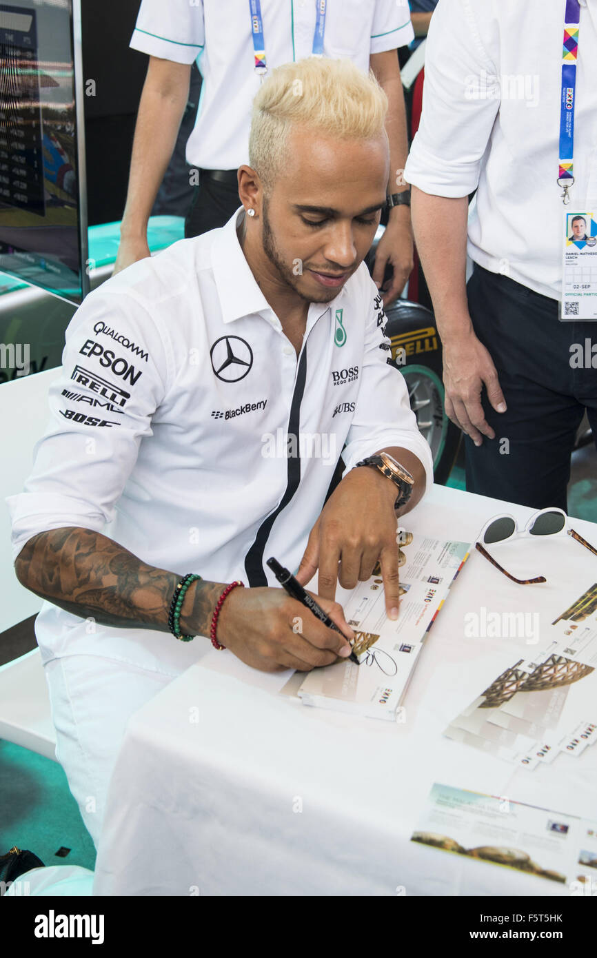 Lewis Hamilton makes an appearance at the Malaysia Pavilion during ...