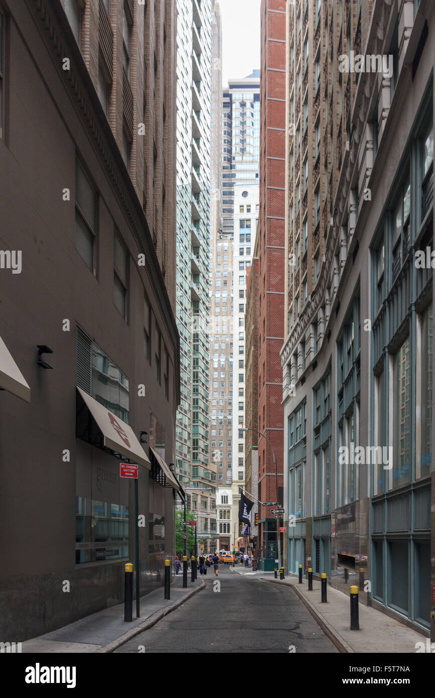 Small street lined by high buildings in Lower Manhattan, New York, NY ...