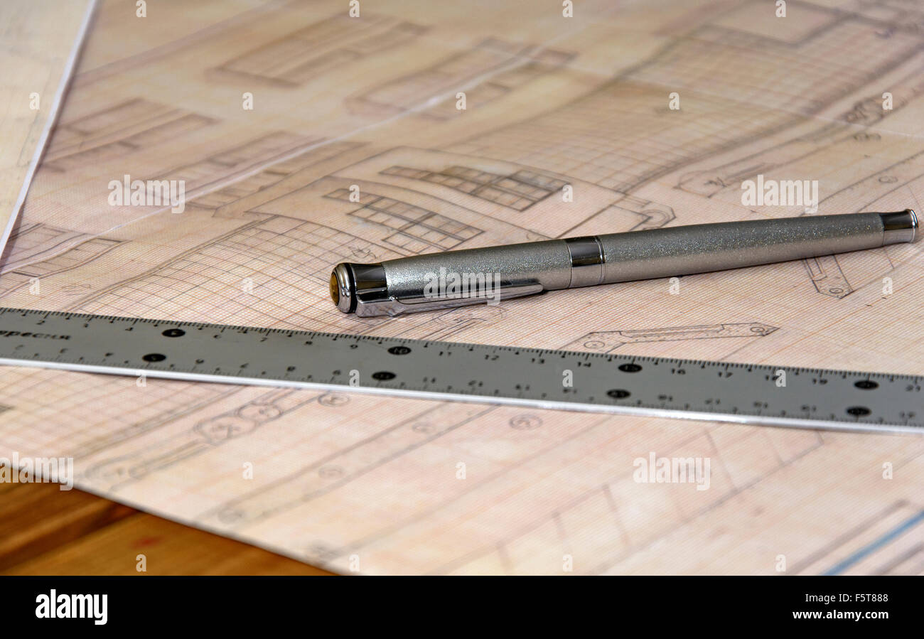 pen and ruler on a composite drawing Stock Photo - Alamy
