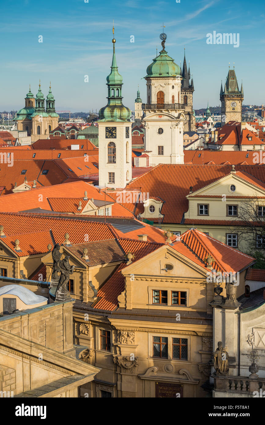 Prague, Czech Republic. View over rooftops from Malostranska Mostecka ...
