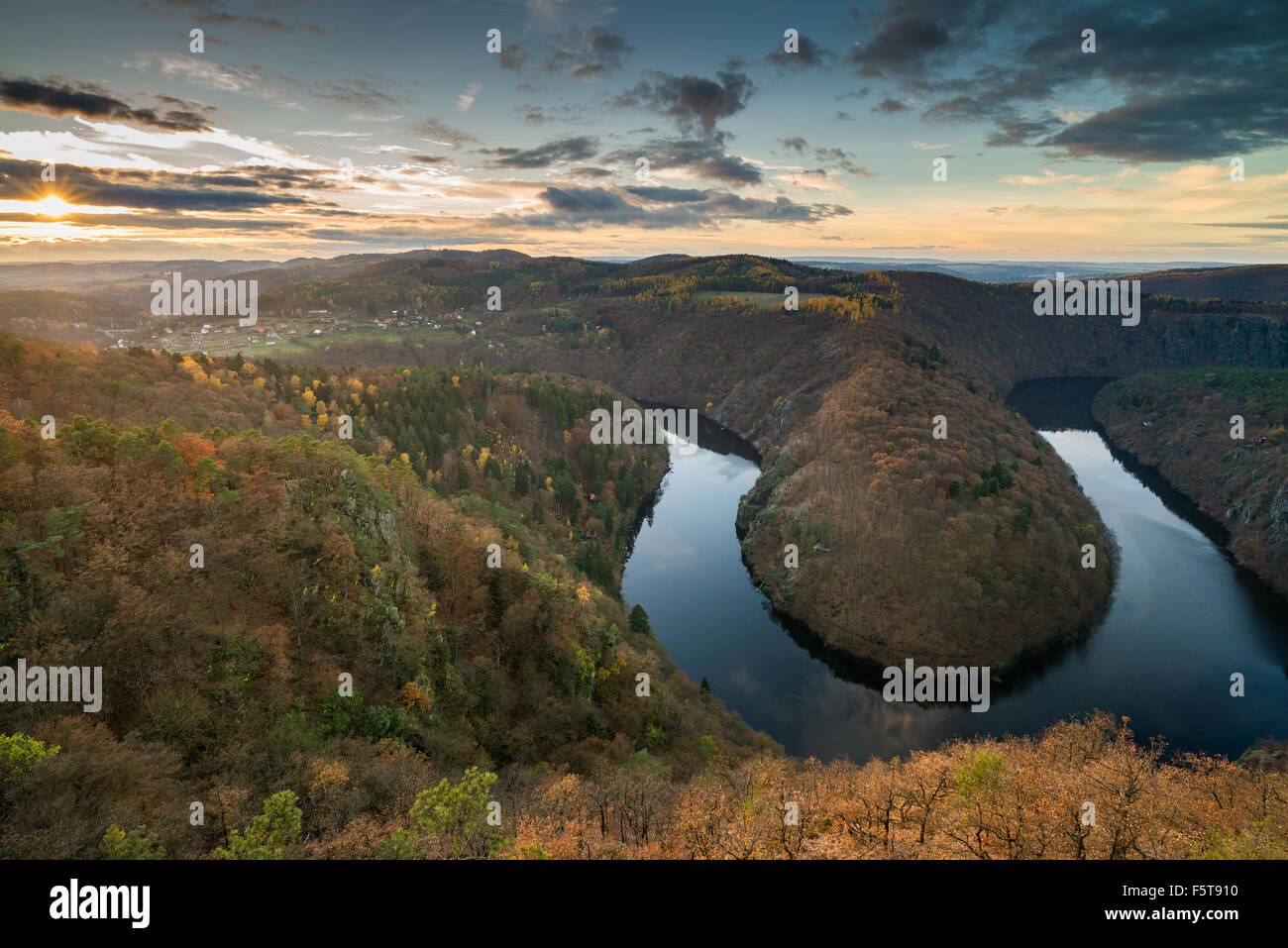 Sunset over a river Vltava meander in central Bohemia, near Prague ...