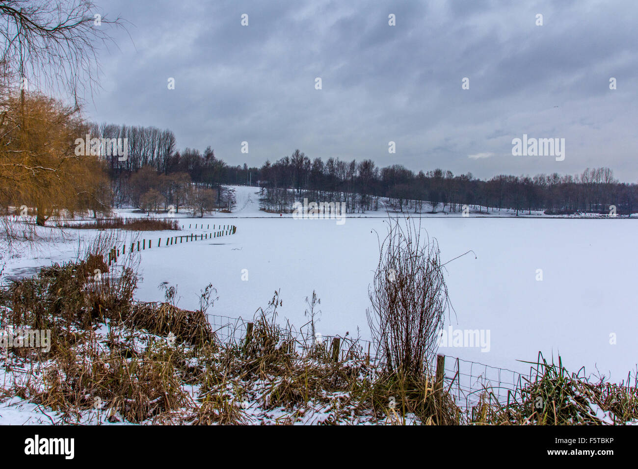 Snow covered path around a frozen lake in the middle of winter with ...